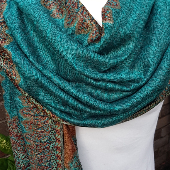 Accessories | Teal And Bronze Reversible Border Pashmina Scarf Paisley ...